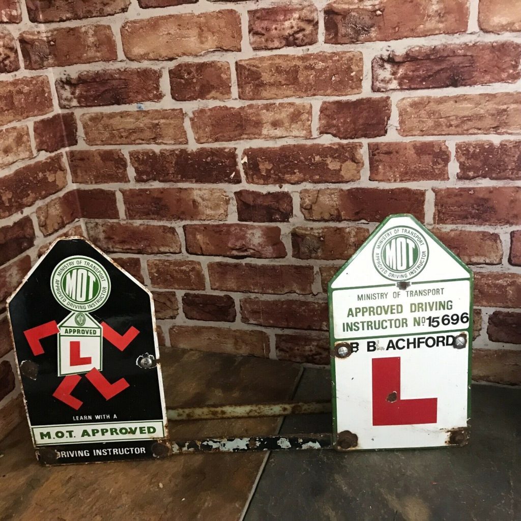 VINTAGE ENAMEL SIGN – AUTOMOBILIA – L PLATE DRIVING INSTRUCTOR SIGNS ...